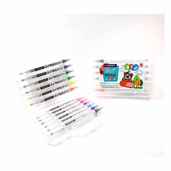 MARCADOR DIBUJO LAVABLE 2 PUNTAS BISEL/PINCEL – 12 COLORES PRIMARIOS ...